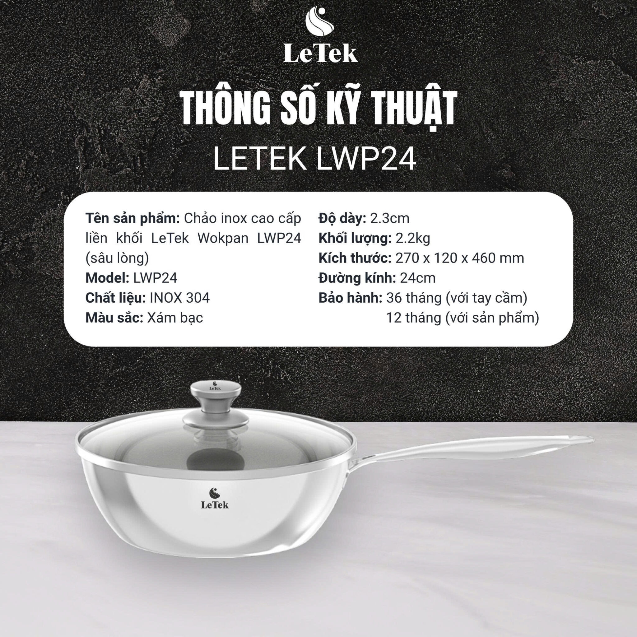 Chảo sâu lòng inox nguyên khối Letek LWP24 - công nghệ Nano Nhiệt lạnh ...