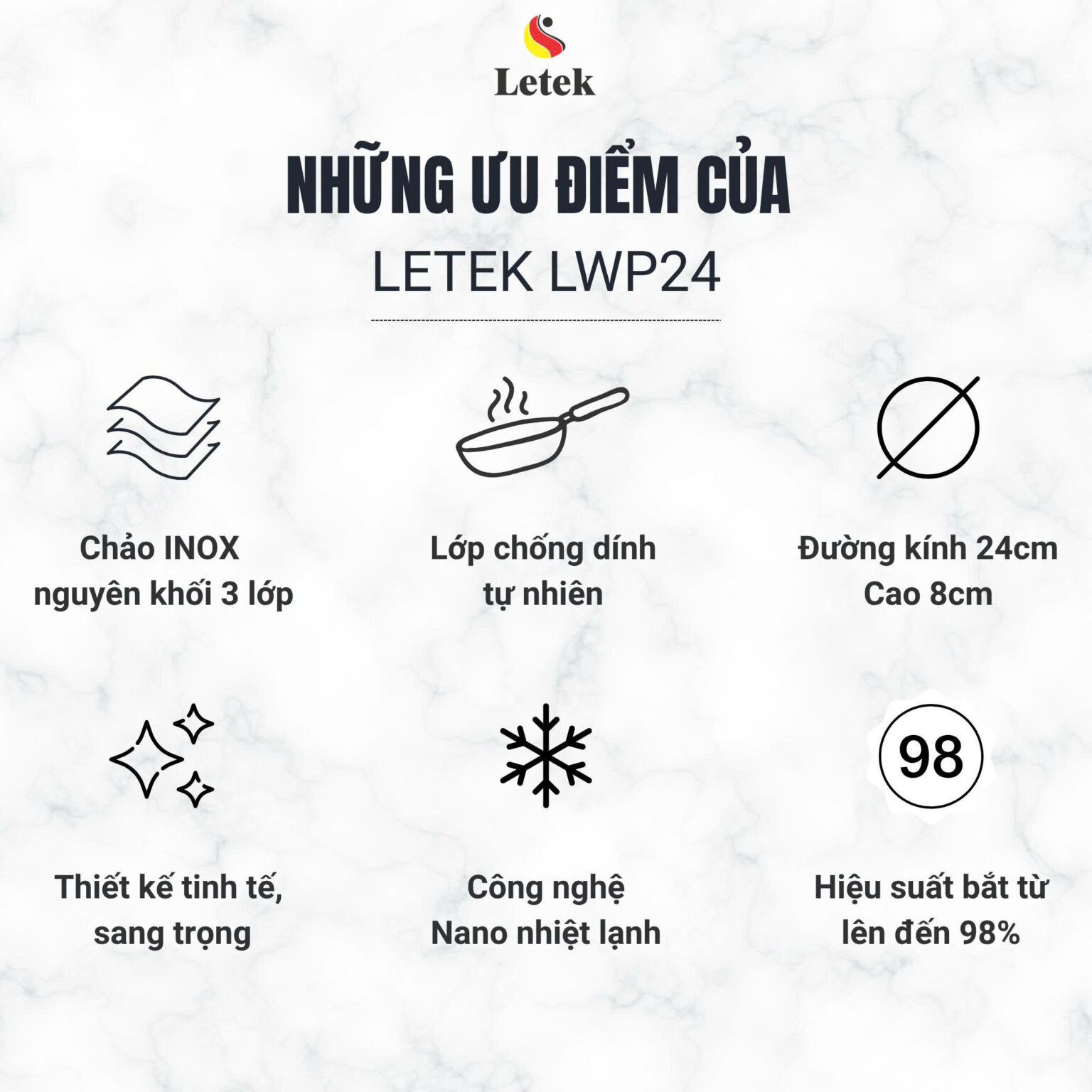 Chảo sâu lòng inox nguyên khối Letek LWP24 - công nghệ Nano Nhiệt lạnh ...
