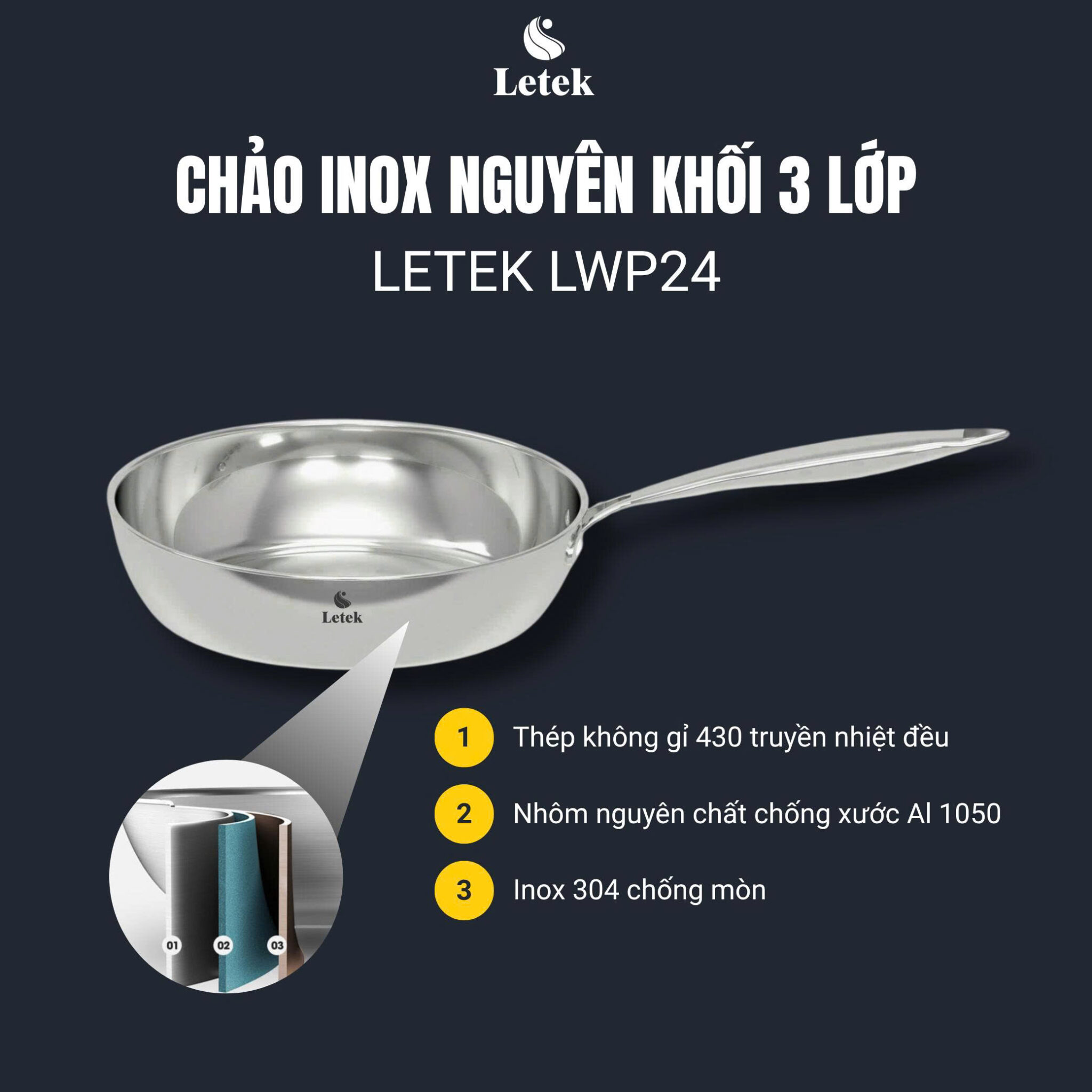 Chảo sâu lòng inox nguyên khối Letek LWP24 - công nghệ Nano Nhiệt lạnh ...
